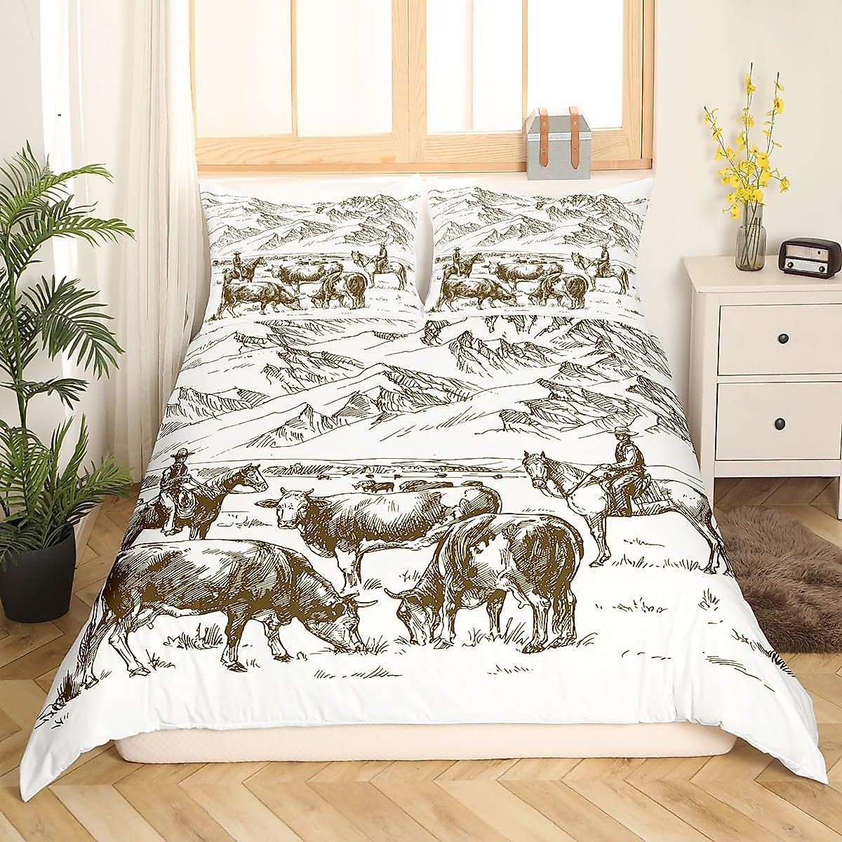 Erosebridal Cattle Duvet Cover King, Cows Grazing Bedding Set for Cowboys, Hand Drawn American Wild West Mountain Cowboy Comforter Cover, Farmhouse Rustic Country Bedroom Decor Retro Quilt Cover