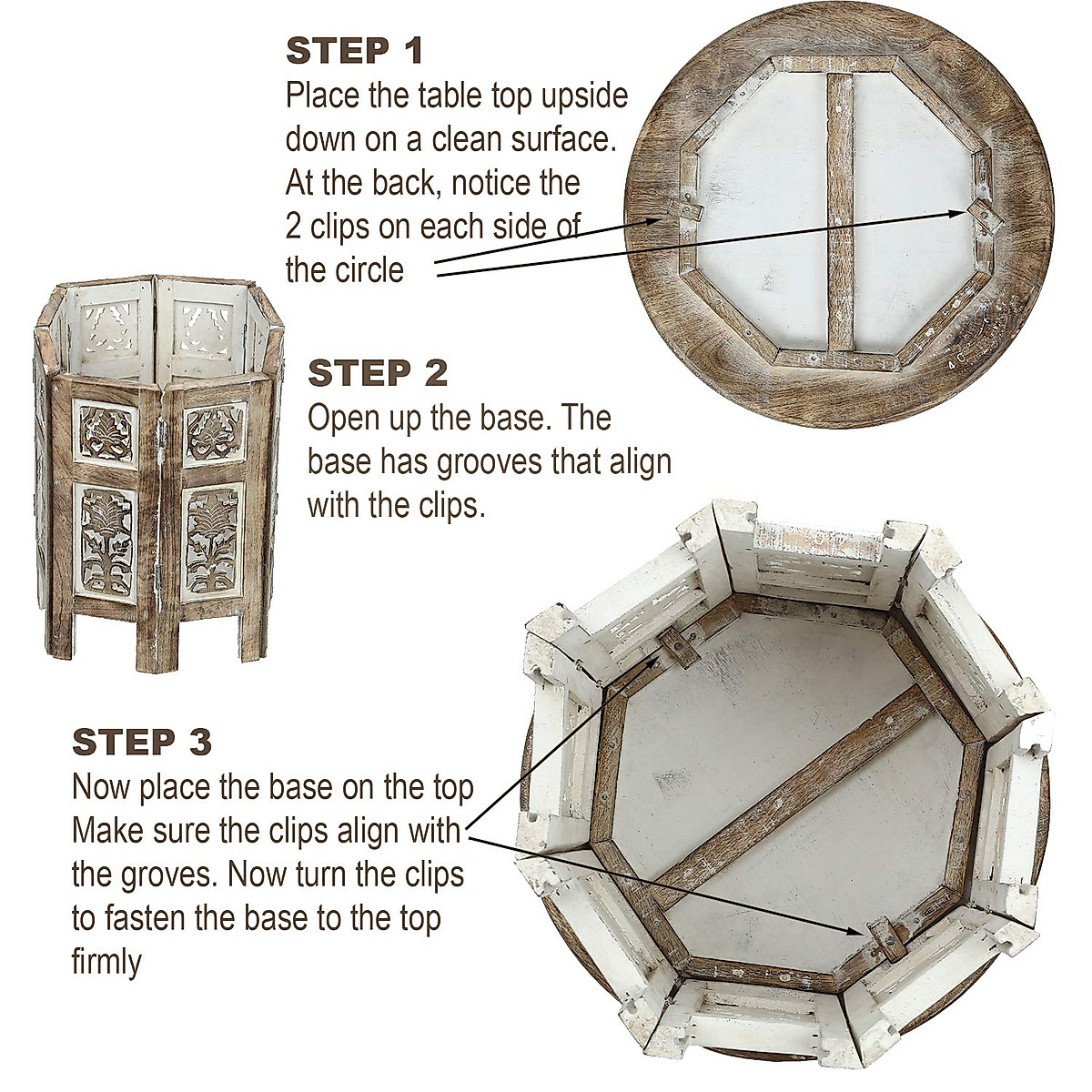 SAVON Small Rustic Wood Table Round White Side end Carved Indian Coffee Accent