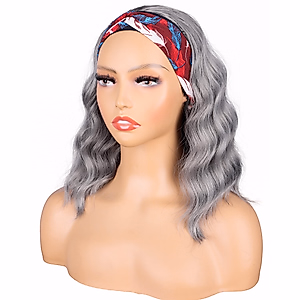 SYMEIW Silver Grey Wavy Headband Wig For Black Women Curly Half Wigs With Headband Attached Synthetic Wrap Wigs Turban Wigs For Women(Gray)…