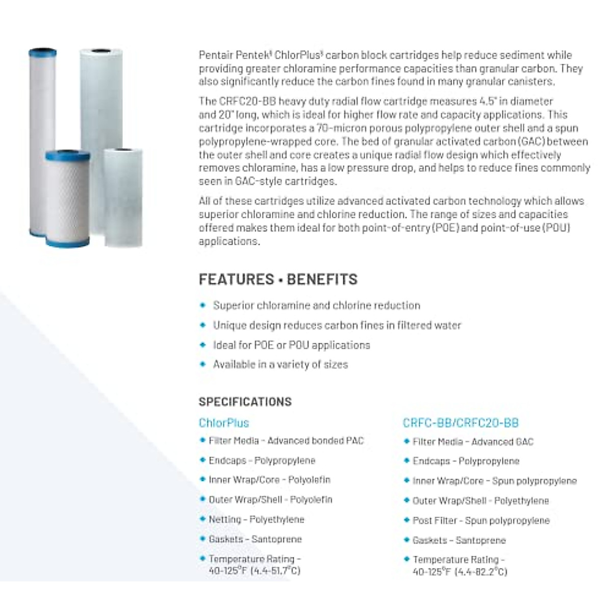 Pentair Pentek CRFC20-BB Big Blue Carbon Water Filter, 20-Inch, Whole House Chloramine Reduction Carbon Replacement Cartridge, 20" x 4.5", 25 Micron