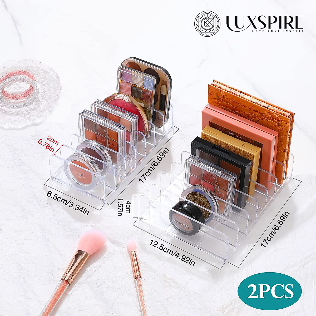 Luxspire Acrylic Eyeshadow Organizer, 2 Pack Makeup Drawer Organizer 7 Space Cosmetic Makeup Palette Organizer, Blusher Highlight Powder Display Stand Storage Case Beauty Care Holder Container, Clear