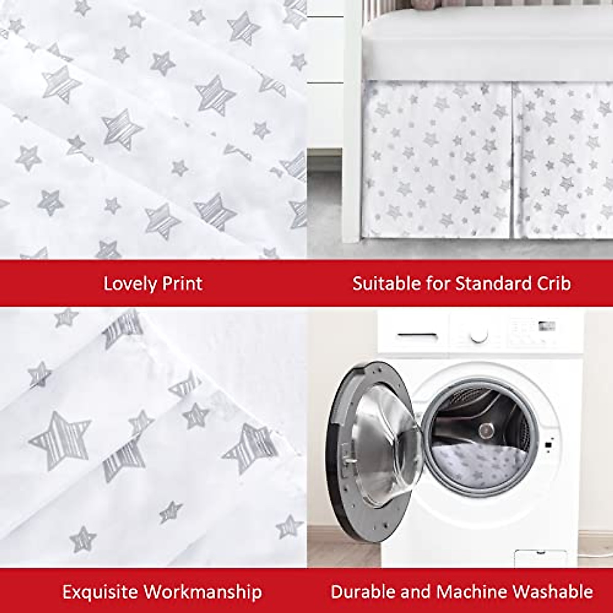 Crib Skirt Boy Girl Pleated Dust Ruffle Machine Washable, 14" Drop, Toddler Crib Bed Skirt White with Grey Star, Microfiber Nursery Standard Crib Bedding Skirt