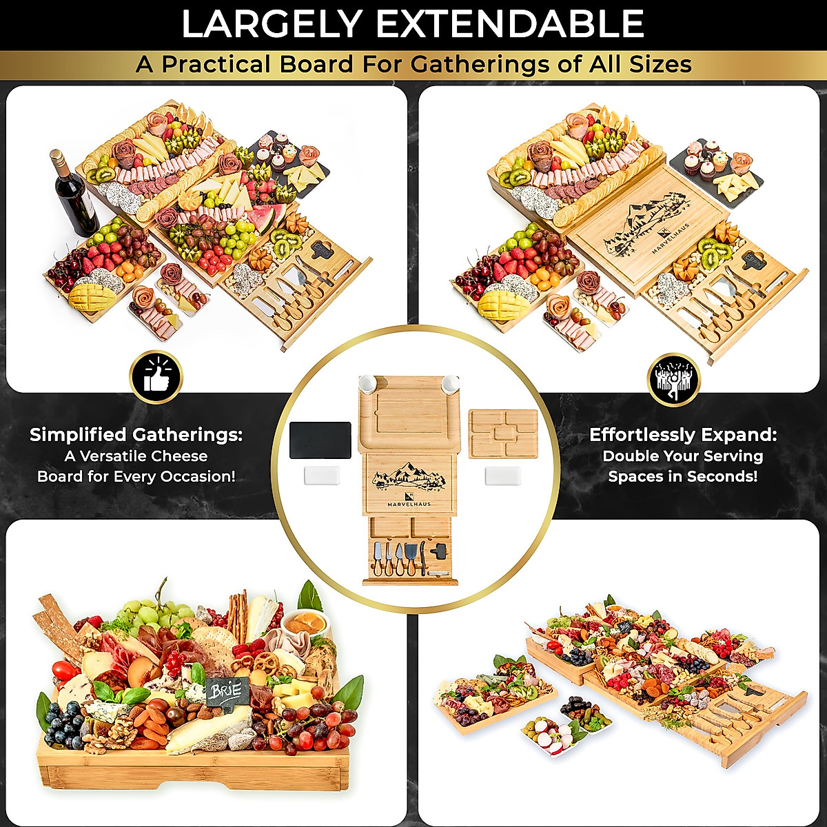 MARVELHAUS Large Charcuterie Board 19 pcs accessories, Cheese Board With Mountain Scene, Cheese Board & Knife Set, Bamboo Charcuterie Boards, Cheese Servers-Unique House Warming New Home, Wedding Gift