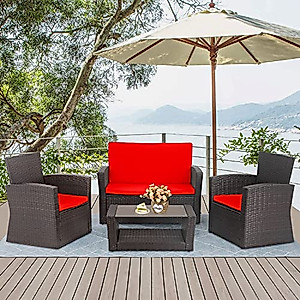 FDW Patio Furniture Sets 4 Piece Rattan Chair Patio Sofas Wicker Sectional Sofa Outdoor Conversation (Brown and Red)