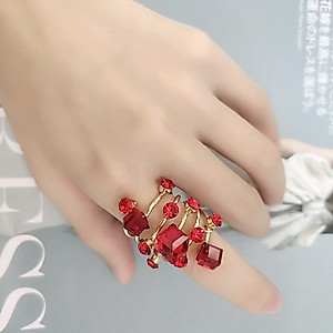OIDIMS Big CZ Crystal Statement Wedding Ring for Women Birthstone Cubic Zirconia Balls Fashion Spring Gemstone Open Band Wrap Birthday Cocktail Party Ring Comfort Fit Dainty Jewelry Gifts(Red)