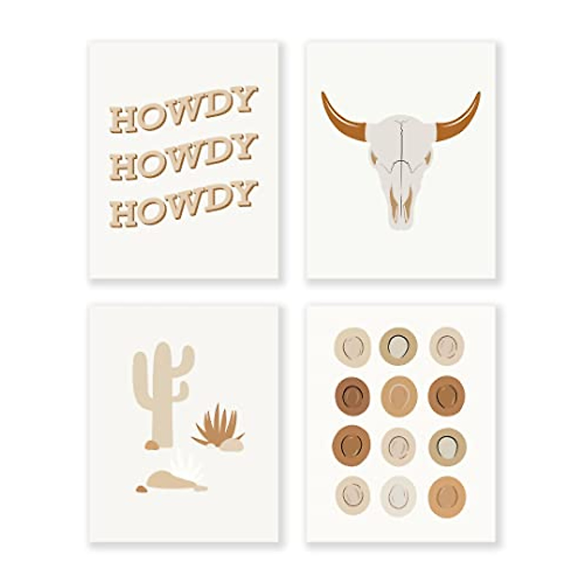 LiTiu Howdy bull Skull Cowboy Hat Cactus Boho Preppy Wall Art Poster Prints Decor, 8”x10”Set Of 4, Boho Preppy Artwork Girls Gifts for Women, Decor For Girls Room