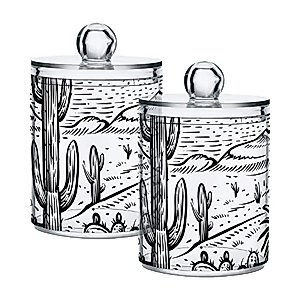 WELLDAY Apothecary Jars Bathroom Storage Organizer with Lid - 14 oz Qtip Holder Storage Canister, Western Desert Landscape Clear Plastic Jar for Cotton Swab, Cotton Ball, Floss Picks, Makeup Sponges,H
