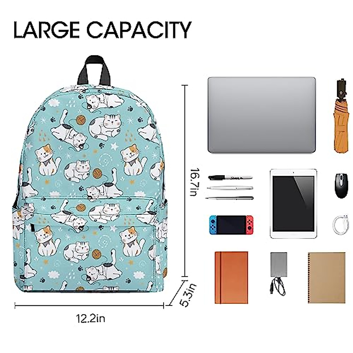 Big Kids School Backpack, Cute Cat Classic Lightweight School Bookbags for Teen Boys Girls, Durable Casual Daypack 17 IN for Middle High School College Students with 15-Inch Laptop Compartment