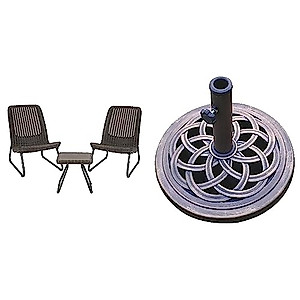 Keter Rio 3 Piece Resin Wicker Patio Furniture Set with Side Table and Outdoor Chairs, Brown & DC America UBP18181-BR 18-Inch Cast Stone Umbrella Base, Bronze Powder Coated Finish
