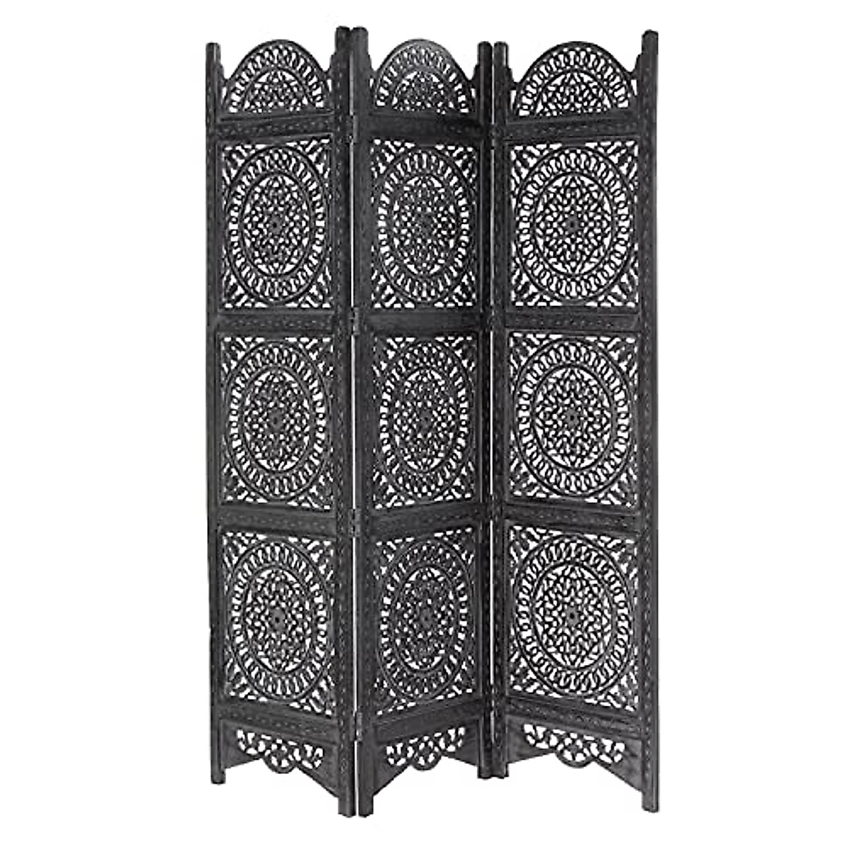 Deco 79 Wood Floral Handmade Hinged Foldable Partition 3 Panel Room Divider Screen with Intricately Carved Designs, 60" x 1" x 72", Black