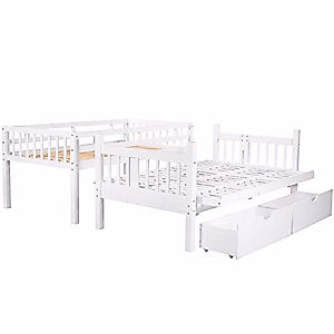 Twin Over Full Futon Bunk Beds with Stairs and Storage Drawers Convertible Wood Bunk Bed Frame Couch and Bed for Kids Boys Girl Adults Teens Dorm, White