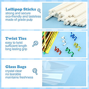 400 Pcs Cellophane Treat Bags with Ties 4"x6" and Pretzel Rod Bags 2"x10" with 50ct 6-inch Paper Lollipop Sticks,200ct Twist Ties for Treat Pretzel Candy Cookie Lollipop Party Christmas,Halloween