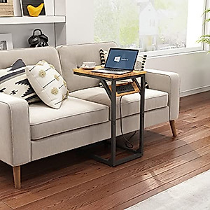 NONGSHIM Side Table, Slim C Shaped End Table with Charging Station, Small Snack Table for Living Room, Bedroom, Sofa Table with USB Ports and Outlets for Small Spaces, Rustic Brown