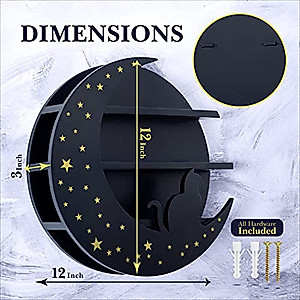 Black Crescent Moon Shelf for Crystals - Crystal Moon Shelves, Crystal Shelf Display for Stones, Moon Wall Shelf for Crystals and Stones, Moon Shelf Wall Decor, Moon Crystal Shelves, 12"x12"x3"