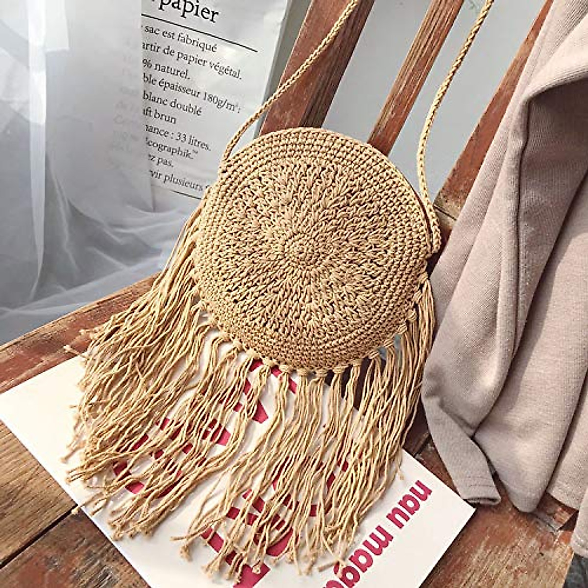 Nice Pies Women Round Handbags Straw Bag holiday beach round bag Tassel Vintage Cotton line Messenger Bag