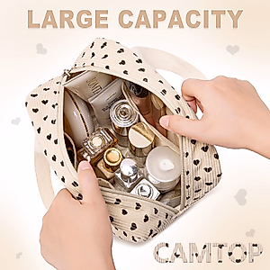 CAMTOP Makeup Bag Women Girls Corduroy Cosmetic Bags Travel Toiletry Purse Zipper Pouch (Black Heart)