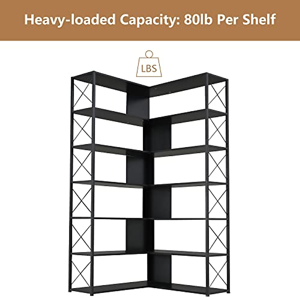 KIVENJAJA 7-Tier Corner Bookshelf, L-Shaped Modern Display Bookcase, Tall Standing Storage Book Shelves with Metal Frame for Living Room Bedroom Office, Black