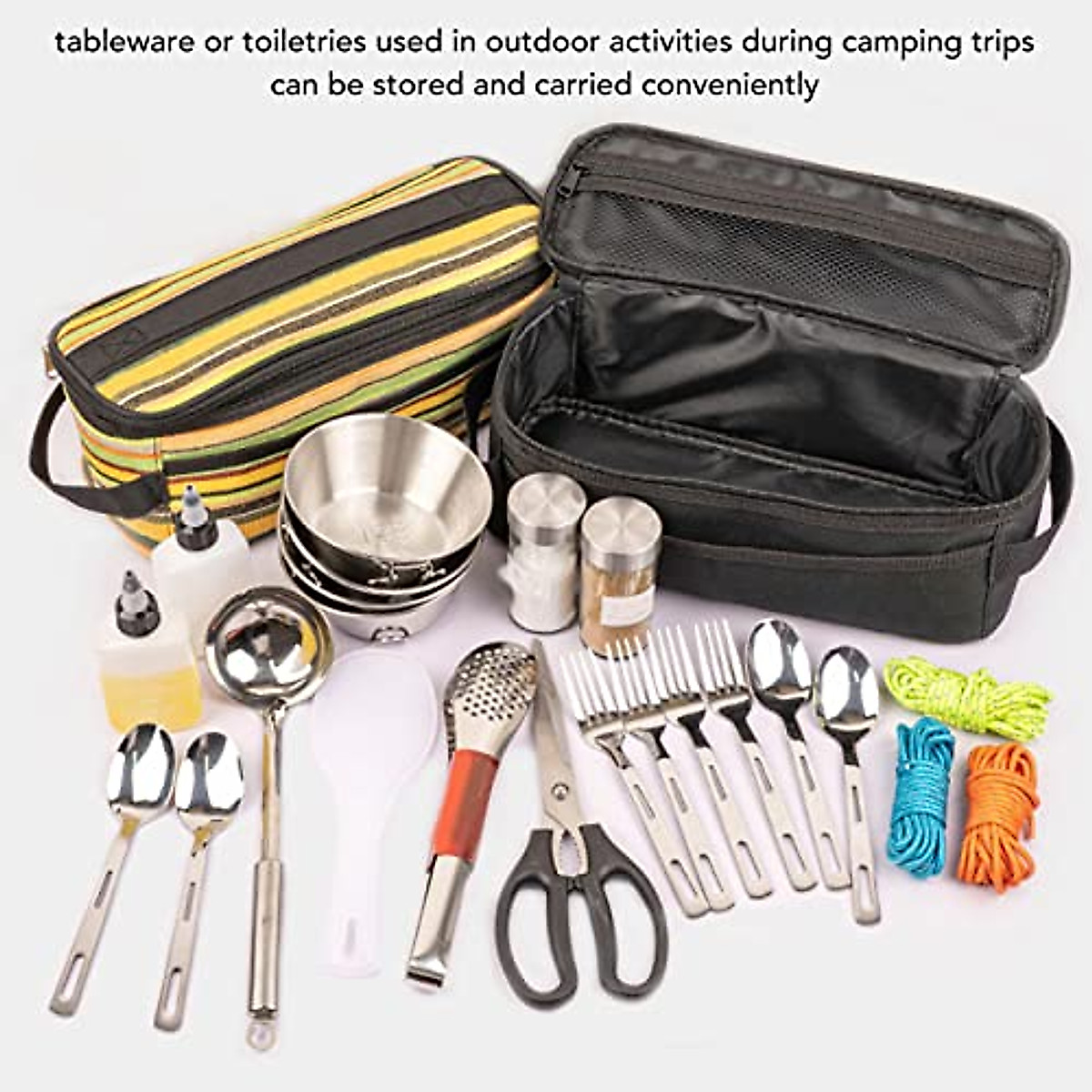 Camping Utensil Bag, Multipurpose Thickened Canvas Net Pocket Cover Green Stripe Camping Tableware Storage Bag for Travel