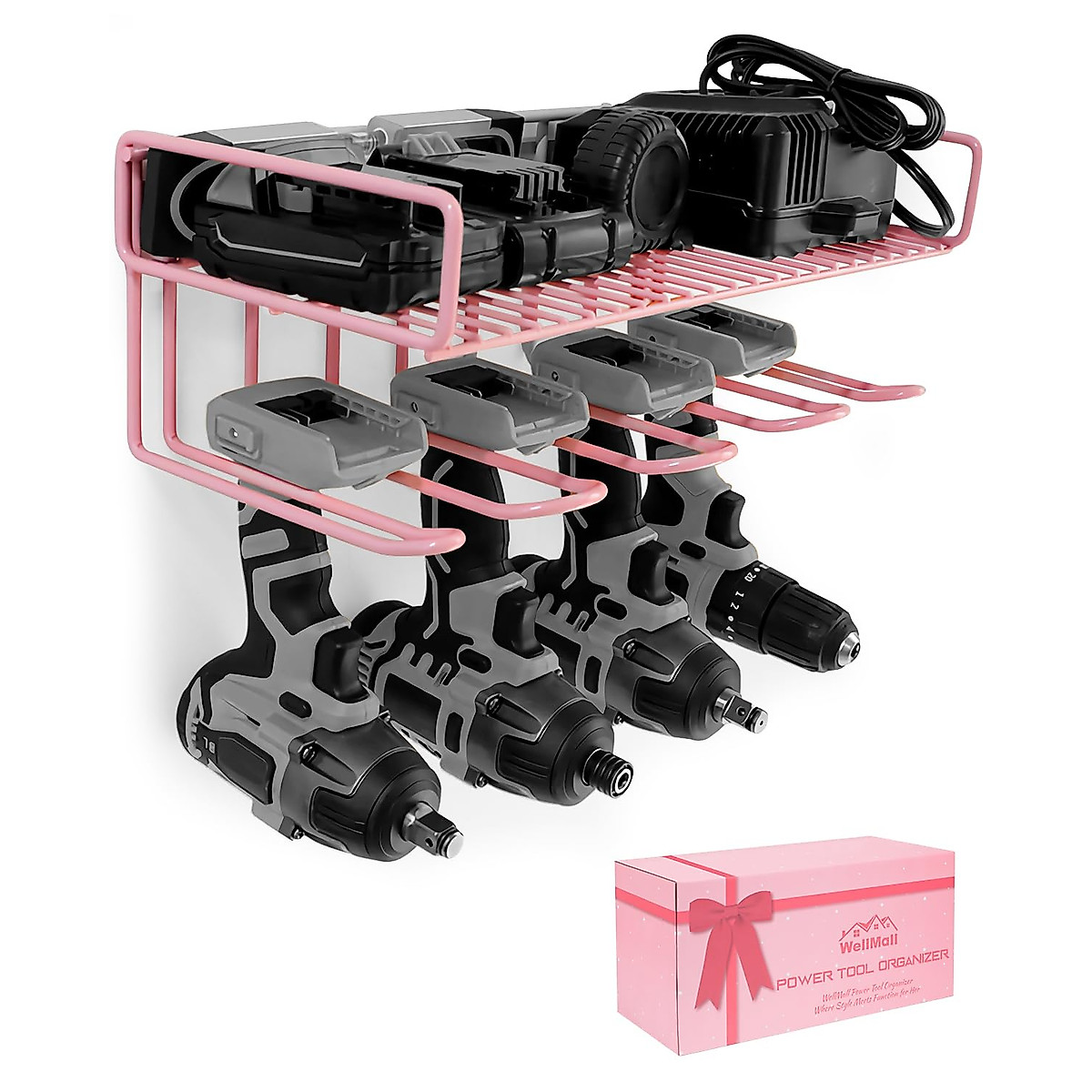 WellMall Pink Power Tool Organizer - Wall Mount Style for Power Tool Drill Storage as Heavy Duty Tool Shelf & Tool Rack with Compact Design