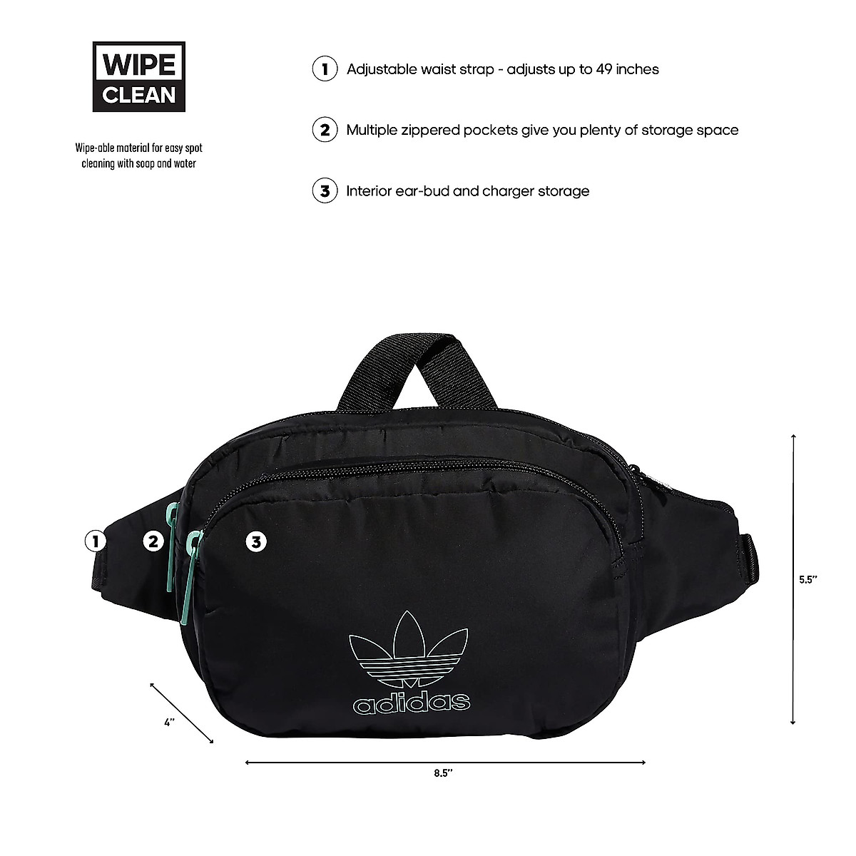 adidas Originals Sport Waist Pack/Travel and Festival Bag, Black/Clear Mint Green, One Size
