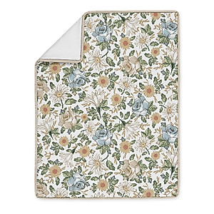 Sweet Jojo Designs Vintage Floral Blue Yellow Baby Girl Nursery Crib Bedding Set - 4 pieces - Slate Green Gold Orange Taupe Beige White Shabby Chic Rose Flower Boho Bohemian Farmhouse Roses Wildflower