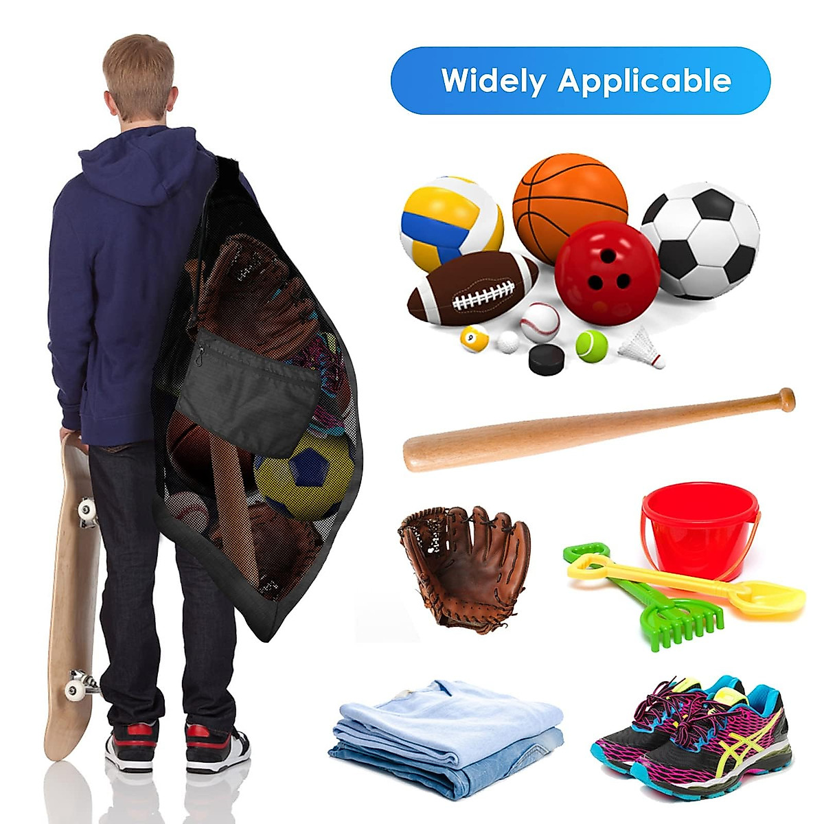 BROTOU Extra Large Sports Ball Bag, Ball Bags for Coaches, Adjustable Shoulder Strap and Hanging Ears with Handle, Mesh Sports Bag for Holding Basketball, Volleyball, Swimming Gear (30” x 40”)