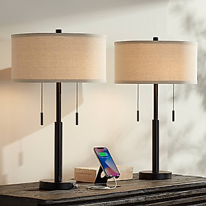Franklin Iron Works Bernie Industrial Nightstand Table Lamp 25" High Set of 2 with Hotel Style USB Charging Port Rich Bronze Metal Fabric Drum Shade for Living Room Desk Bedroom House Bedside Home