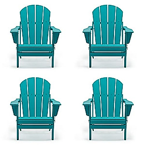 WO Home Furniture Adirondack Folding Chair 4 PC Set Classic Outdoor Patio Chair for Bon Fire Pit Lawn Backyard Beach Plastic Weather-Resistant (Turquoise)