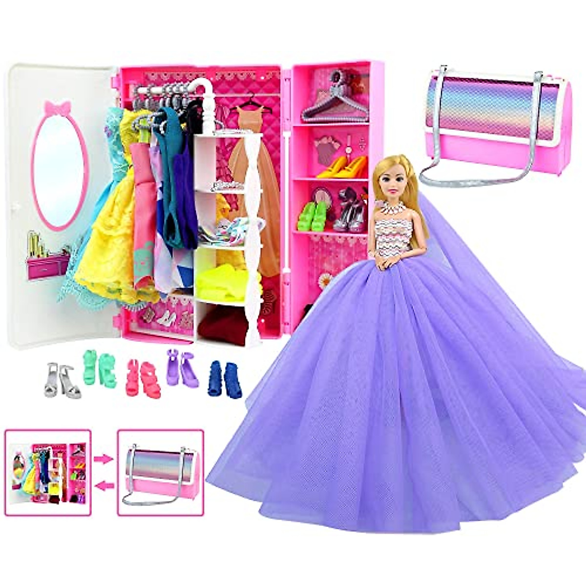 ZITA ELEMENT 34 Pcs 11.5 Inch Girl Doll Closet Wardrobe Set for 11.5 Inch Girl Doll Clothes and Accessories - Including Handbag Style Closet, Dresses, Swimsuits, Shoes, Hangers and Necklaces