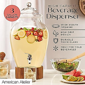 American Atelier Madera Beverage Dispenser Cold Drink Dispenser w/ 3-Gallon Capacity Glass Jug, Leak-Proof Acrylic Spigot in Gorgeous Gift Box Great for Parties, Weddings & More