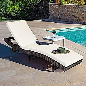 HAPPYGRILL Patio Chaise Lounge Outdoor Rattan Wicker Lounger Chair Adjustable Ergonomic Reclining Chaise Chair with Cushion for Patio Poolside Backyard Garden