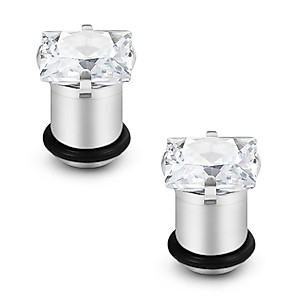 Ruifan 316L Surgical Steel Single Flare Prong Set Clear Square CZ Ear Stretcher Expander Plugs Piercing Gauge with O-Ring 0G(8mm)- Sold As a Pair