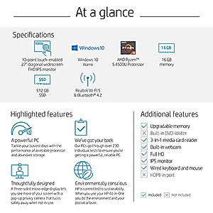 HP 27-inch Touchscreen All-in-One Desktop Computer, AMD Ryzen 5 4500U Processor,16 GB RAM, 512 GB SSD, Windows 10 Home (27-dp0160, Silver)