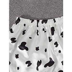 WDIRARA Women's Sleepwear Cow Print Satin Short Sleeve Shirt and Shorts Pajama Set Black and White L