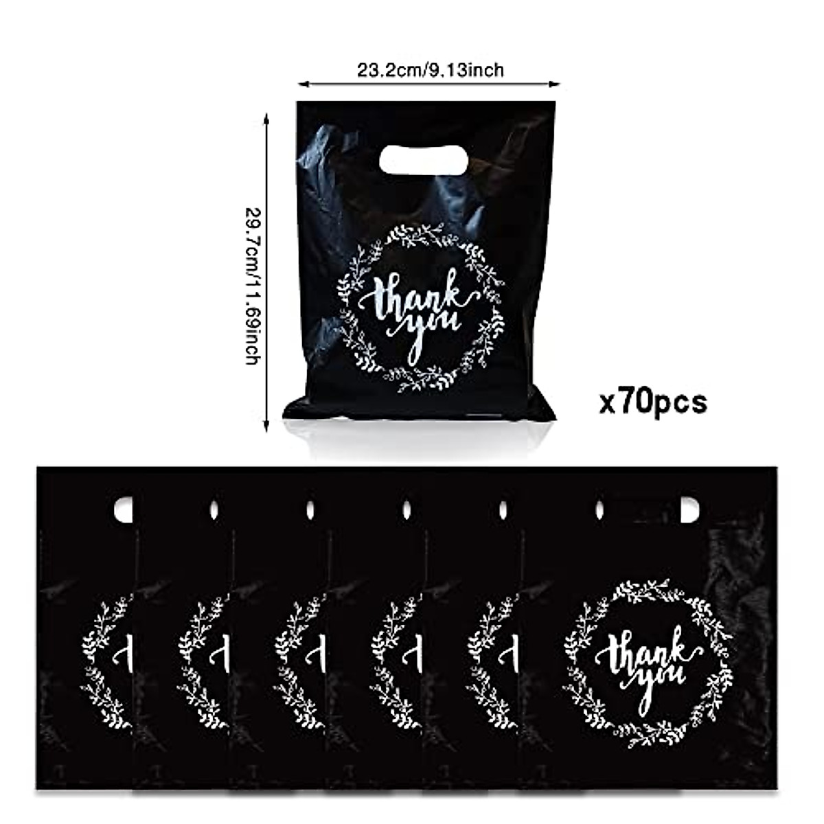 KDPATFAV 70 PCS 9" x 12" Plastic Merchandise Bags Shopping Bags with Thank You Logo Boutique Bags with Handles for Birthday Party Baby Shower Wedding Trade Shows and More (Black)