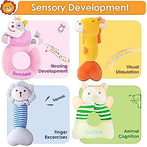 iPlay, iLearn 4 Plush Baby Soft Rattle Toys, Hand Grab Sensory Shaker, Farm Stuffed Animal Set, Infant Easter Basket Girls, Unique Newborn Shower Gifts for 2 3 6 9 12 18 Month 1 Year Old Boys Toddlers