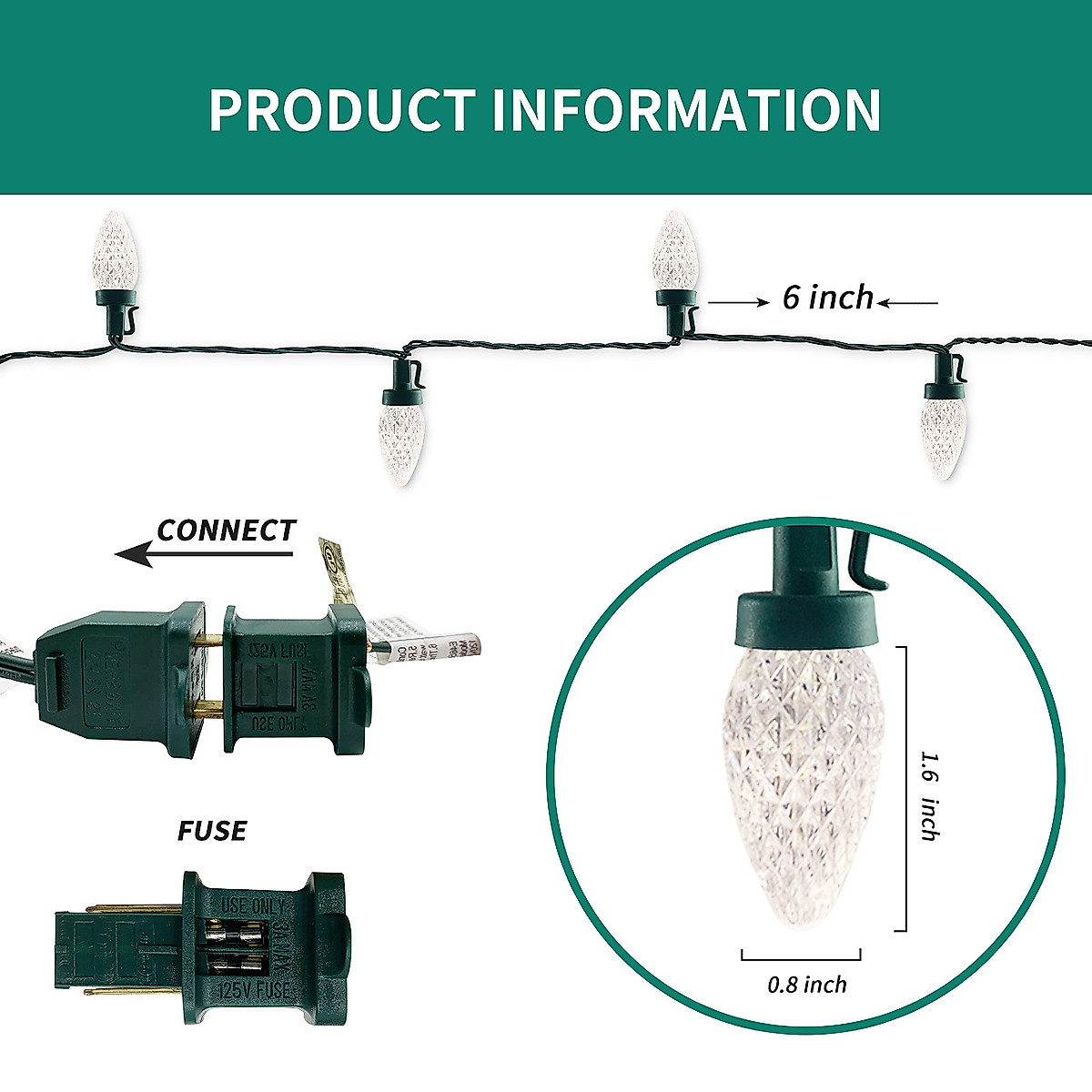 BOKING Christmas C7 Light String 50 LED White Outdoor Indoor Waterproof Strawberry Xmas Tree Decoration Plug in Extendable 34.5 Feet Used for Patio Party Holiday Courtyard Garden Home(Warm White)