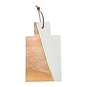 Boho 2-Tone Marble and Acacia Wood Charcuterie or Cutting Board with Brass Inlay and Leather Tie, White and Natural