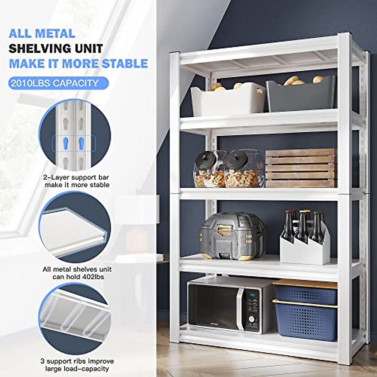 Raybee Garage Shelving Heavy Duty Garage Storage Shelves Load 2010LBS, Adjustable 5-Tier Heavy Duty Shelving, All Metal Shelving Utility Shelves for Kitchen, Pantry, Garage, 63"H x32"W x16.5"D, White
