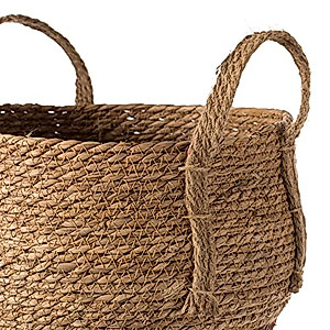 Straw Decorative Round Storage Basket Set of 2 with Woven Handles for the Playroom, Bedroom, and Living Room