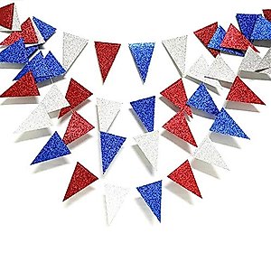 XIANMU Patriotic Pennant Banner Red Blue Silver/White Triangle Flag Bunting Banner Patriotic Decorations Glitter Paper Garlands for 4th of July Independence Day Party Decorations Supplies 40 Feet