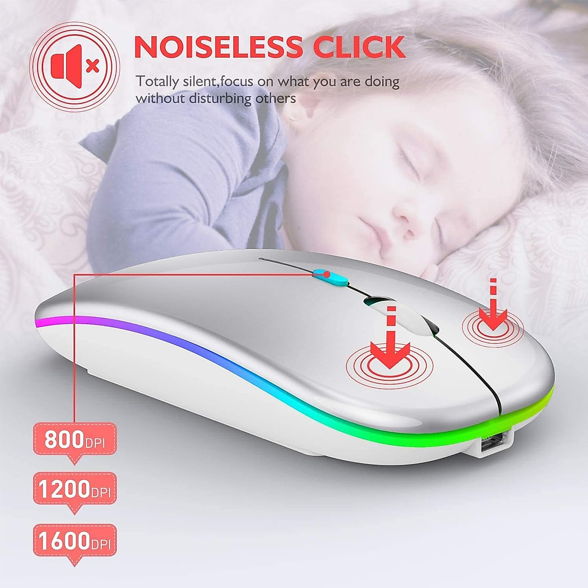 Atrasee Dual Mode LED Wireless Bluetooth Mouse for Laptop, Slim Rechargeable RGB Computer Mice (USB 2.4G + Bluetooth 5.1), Ergonomic PC Gaming Mouse w/ 3 Adjustable DPI, for Laptop MacBook Pro, White