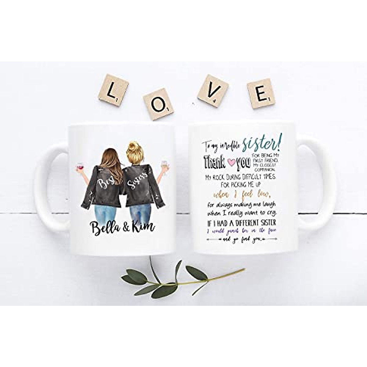 Custom Sister Mug from Sister, Sister Coffee Mug with Names, Personalized Sisters Cups, Christmas or Birthday Gifts for Sister from Sister, Sister Moving Away Mug, 11 or 15 Oz