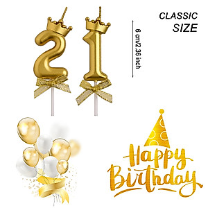 AOOLADA 21st Birthday Candles, Gold 21 Year Old Number Birthday Candles, Happy Birthday Cake Topper Gifts Party Decorations for Men Women