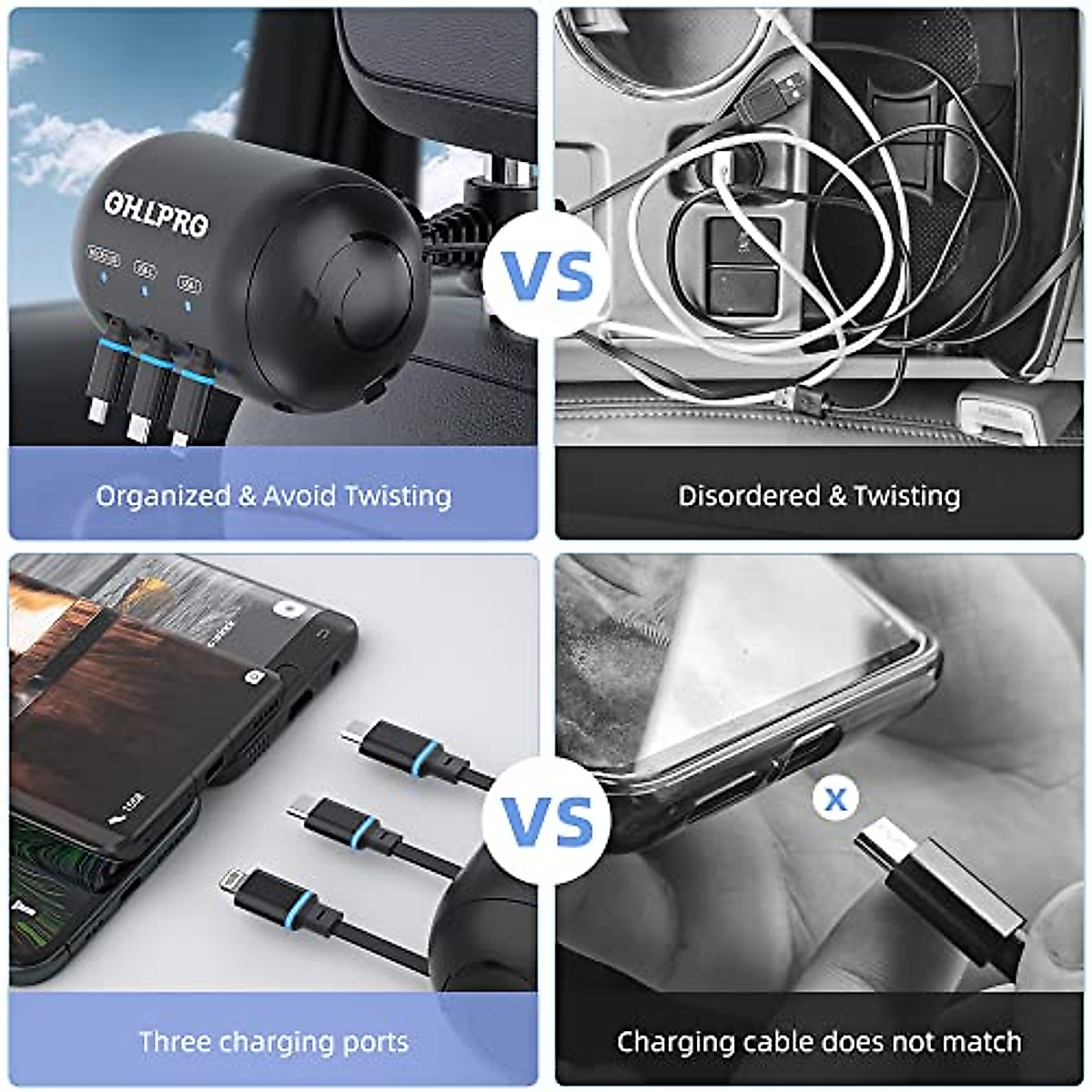 Multi Car Retractable Backseat 3 in 1 36W Car Charging Station Box Compatible with All Phones | iPhone | Samsung | Android | Share Ride Customer Charging Dock Attach to Headrest (Big)