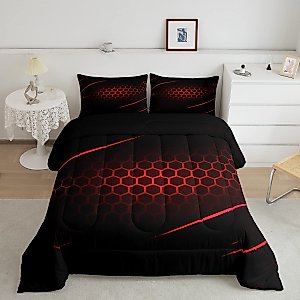 Honeycomb Comforter Hexagonal Print Bedding Set Geometrical Beehive Red Comforter Set for Boys Girls Teens Decor Geometric Simplistic Duvet Set King Size Quilt Boys