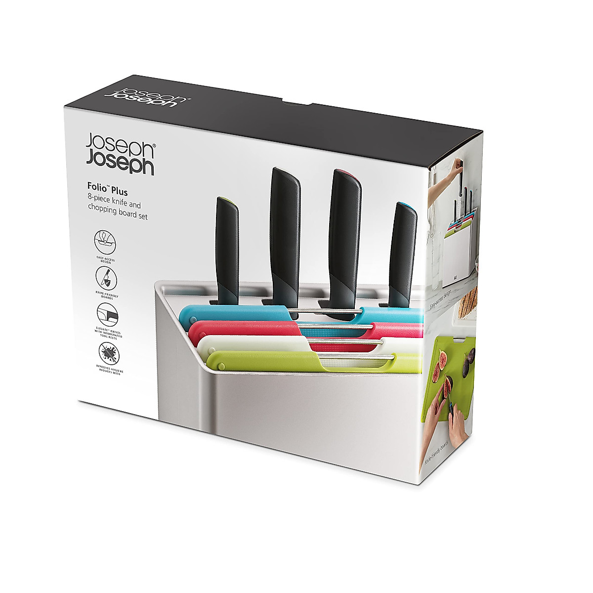 Joseph Joseph Folio Plus, 8-Piece Colour Coded Knife & Chopping Board Set - Multicolour