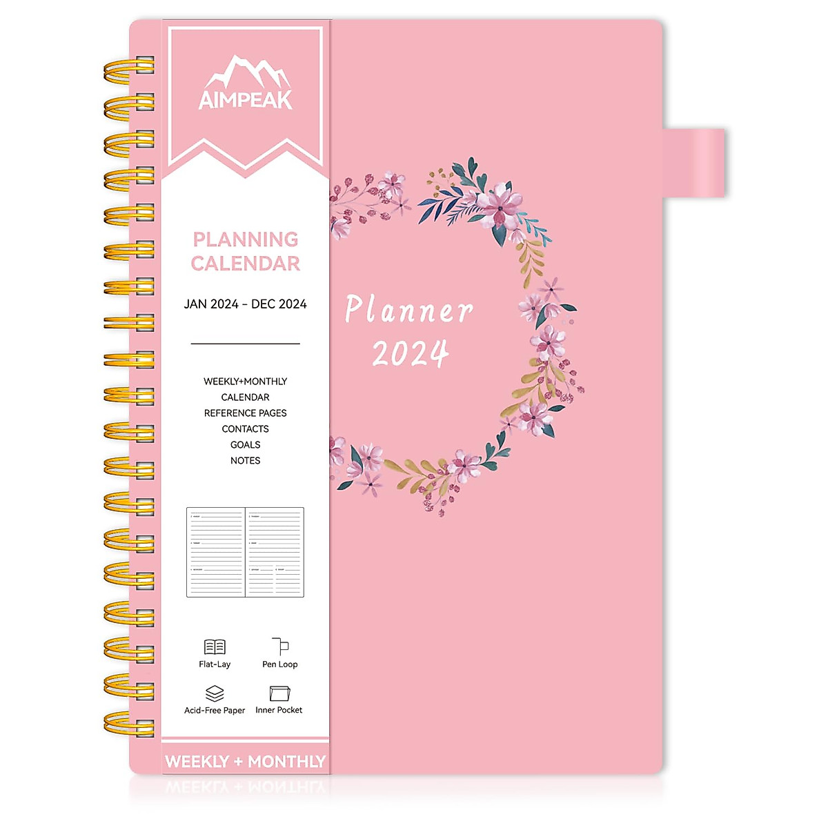 2023 Weekly & Monthly Planner, Jan. 2023 - Dec. 2023, AIMPEAK Weekly Planner 2023 with Tabs, Calendar Planner with Inner Pocket, Pen Loop, Flexible Cover，Spiral Binding, Pink(7"x10")