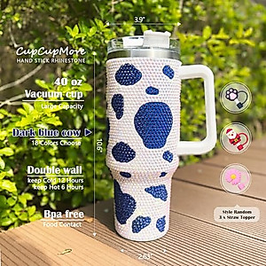 Cupcupmore 40oz Dark Blue Cow Bling Rhinestone Stainless Steel Sippy Tumbler Glitter Vacuum Insulated Water Bottle with Straw & Lid & Handle,Thermos for Hot & Cold Drinks,Car Cup Holder,Coffee