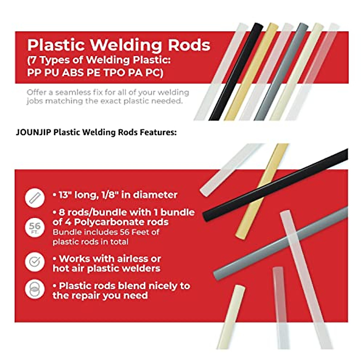 JOUNJIP Plastic Welding Rods- 7 Types of Welding Plastic (PP PU ABS PE TPO PA PC) Most Common Plastics- For Use With Jounjip Plastic Welding Kit- 52 Pack of 13" x 1/8" Dia
